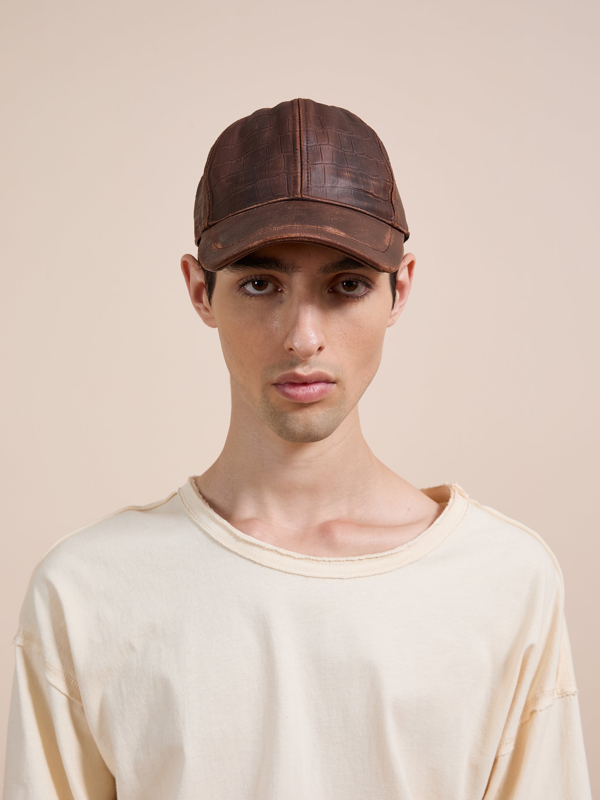 Croc Embossed Distressed Leather Cap